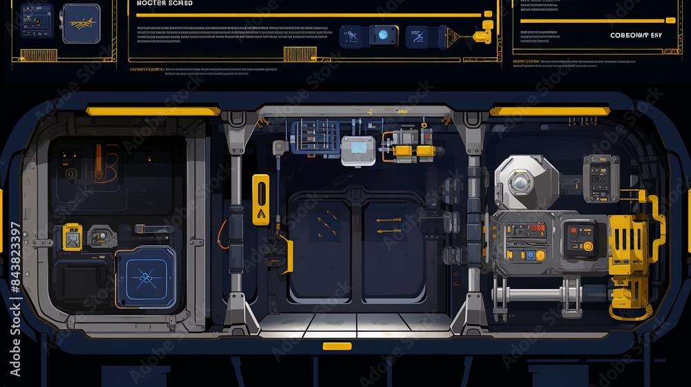 A futuristic space station with a blue and yellow color scheme. The ...