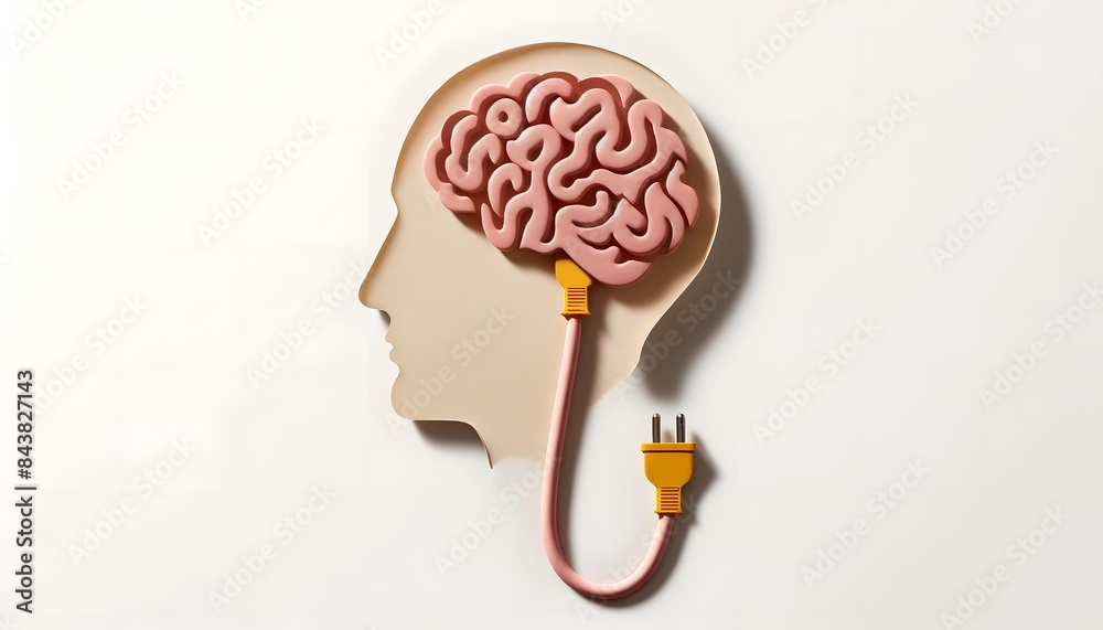 Silhouette of Human Brain with Electric Plug on White Background ...