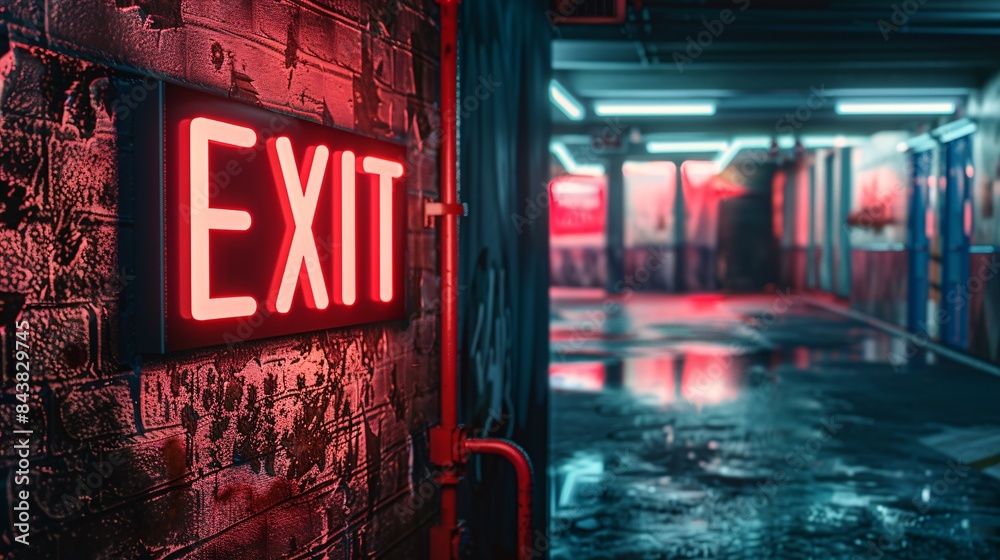 Neon Exit Sign in Urban Alleyway with Red and Blue Lighting, Industrial ...