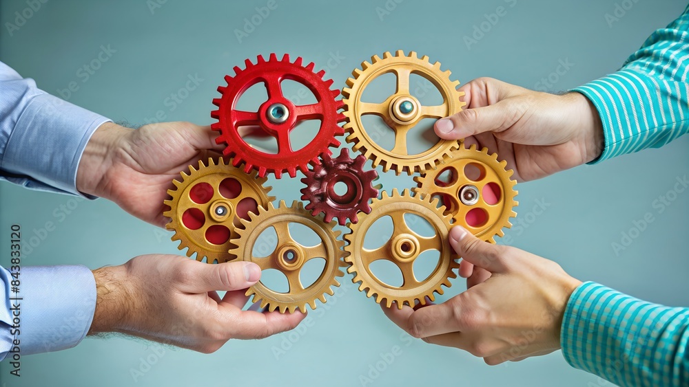 Human hands joining gear wheels together as effective unity and ...