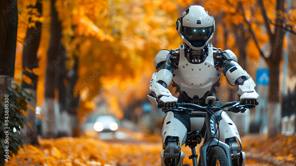Happy humanoid robot rides a bicycle along the autumn alley. Robotic ...