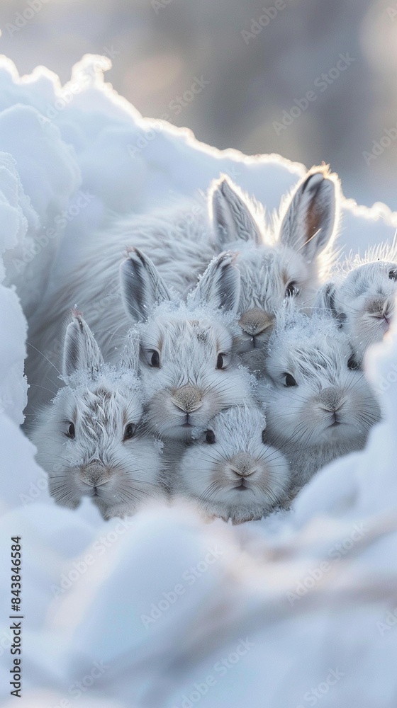 A group of arctic hares using their digging skills to create snow ...