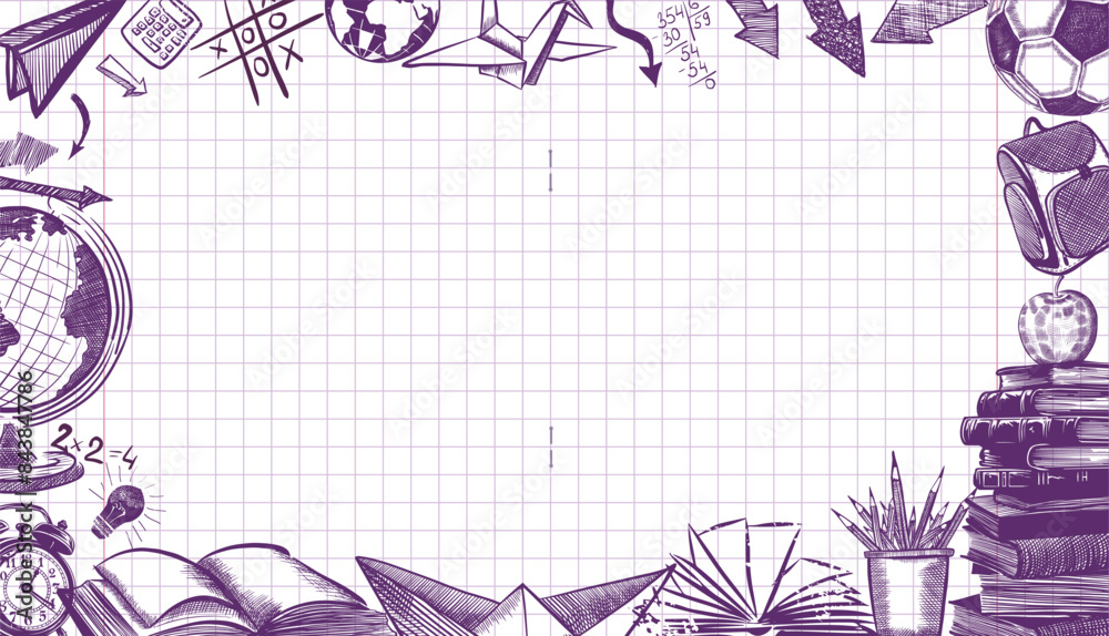 Welcome Back to school horizontal banner, doodle on checkered paper ...
