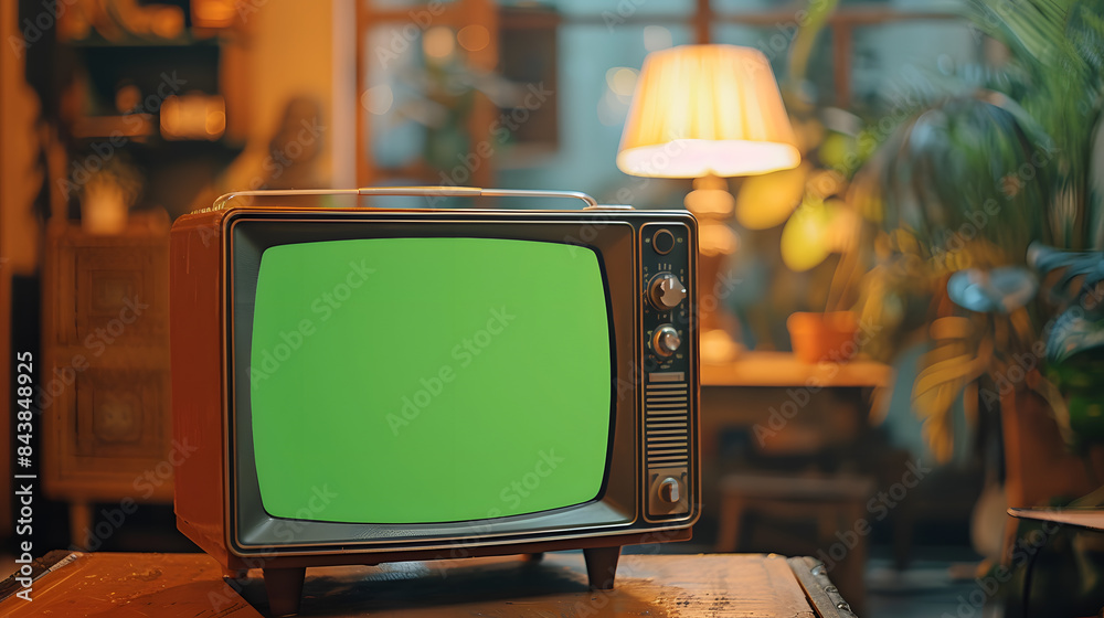 retro box TV with green screen mock-up on the table. Vintage television ...