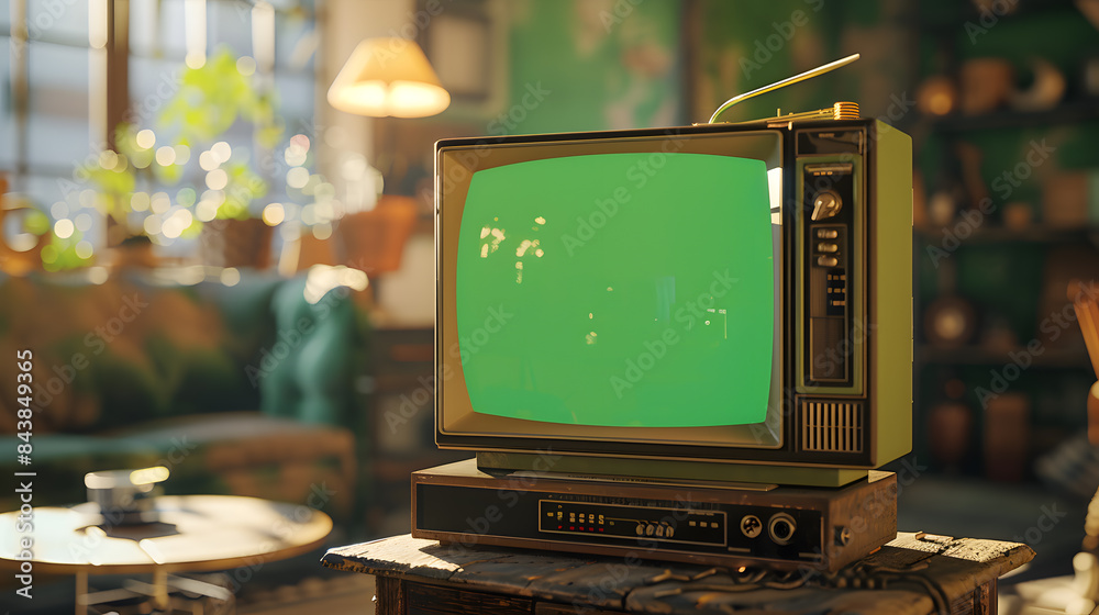 retro box TV with green screen mock-up on the table. Vintage television ...