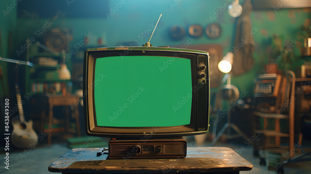 retro box TV with green screen mock-up on the table. Vintage television ...
