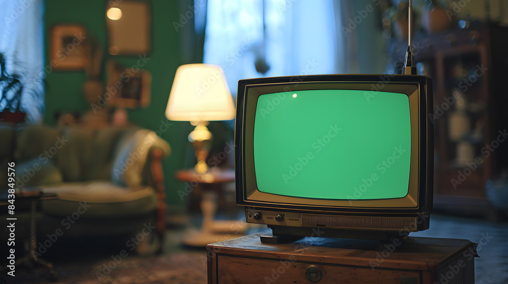 retro box TV with green screen mock-up on the table. Vintage television ...
