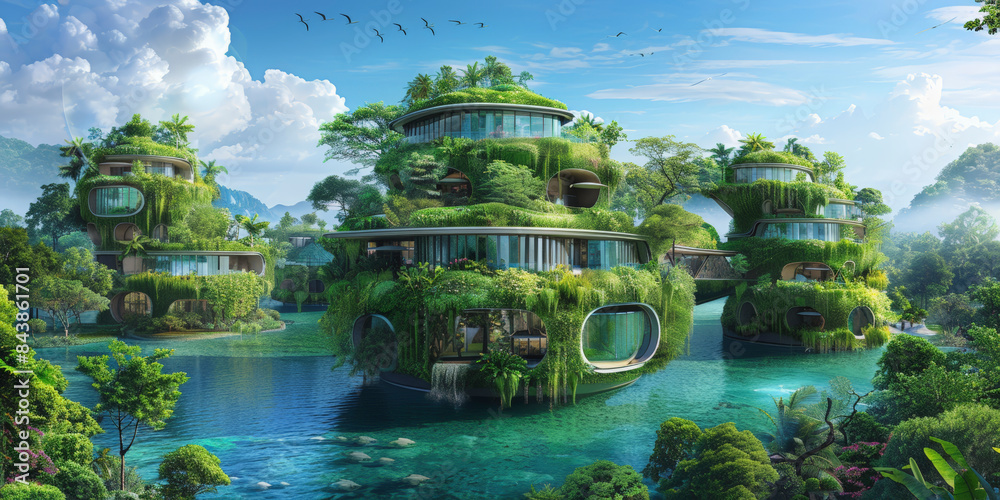 Futuristic eco-friendly houses surrounded by lush greenery and water ...