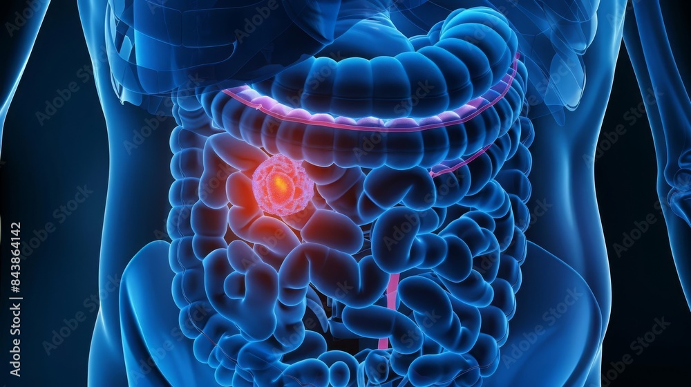 Colonoscopy Human X-Ray highlighting a tumor in the colon within the ...