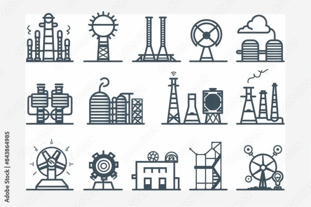 Clean and simple industry icons, thin line art, minimalistic style ...