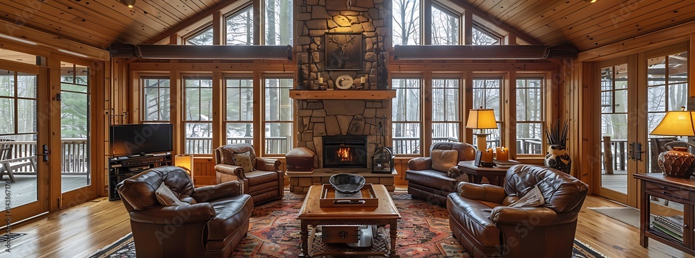 Foto de Living room design with vaulted ceiling, cedar wood paneling ...