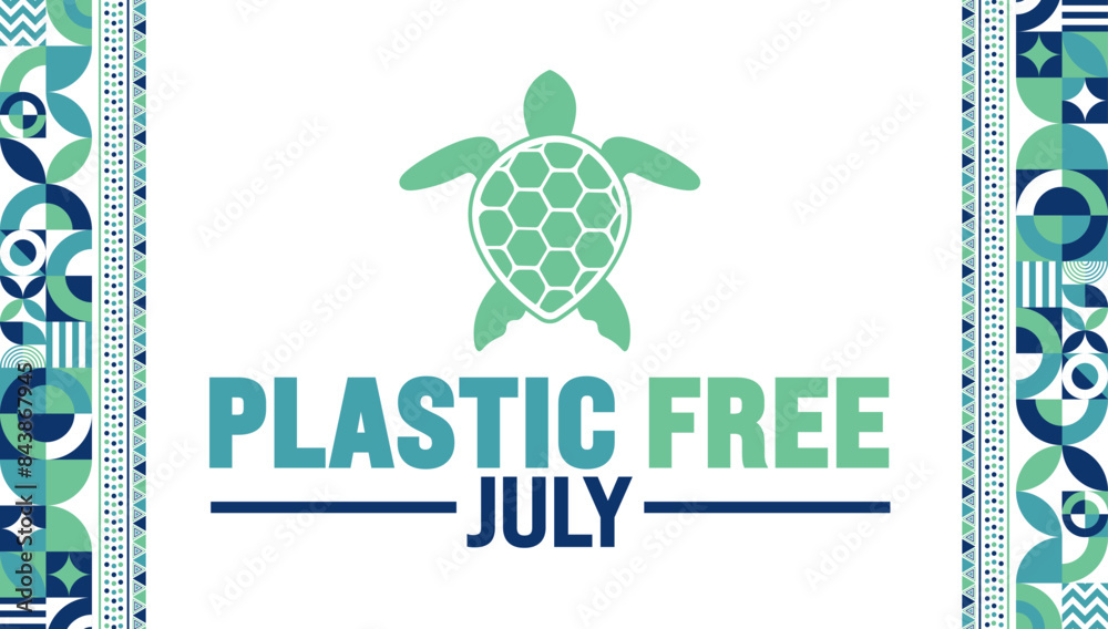 July is Plastic Free July background template with turtle picture. use ...