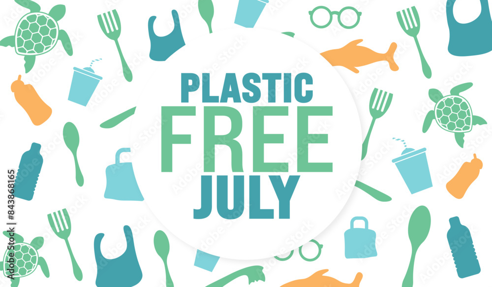 July is Plastic Free July background template with turtle, bottle ...