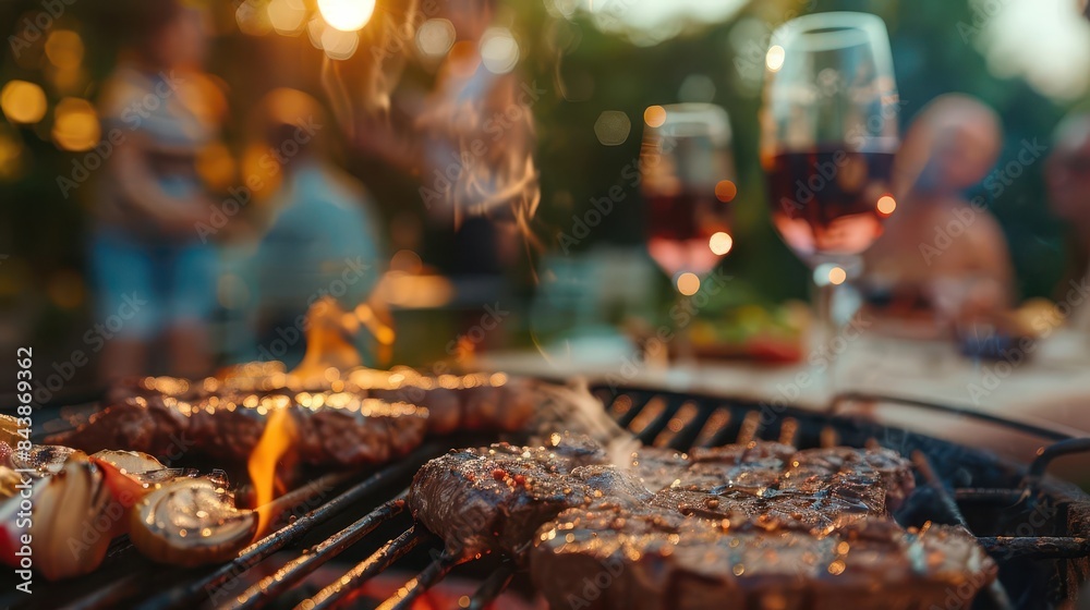 sizzling steaks on grill as friends gather for summer bbq party ...