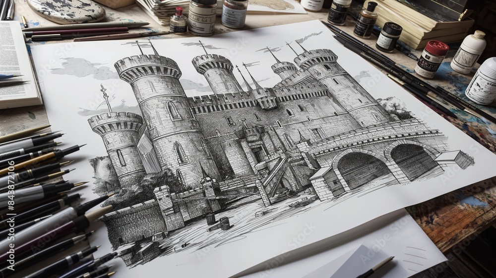 A detailed ink drawing of a medieval castle, complete with battlements ...