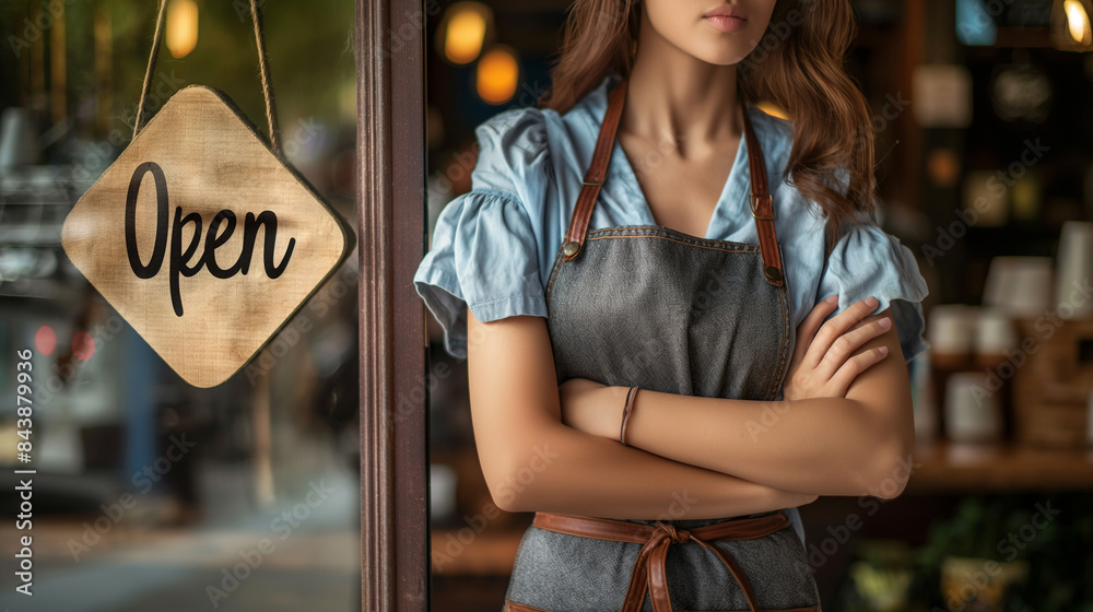 Business owner in a casual outfit stands with her arms crossed next to ...