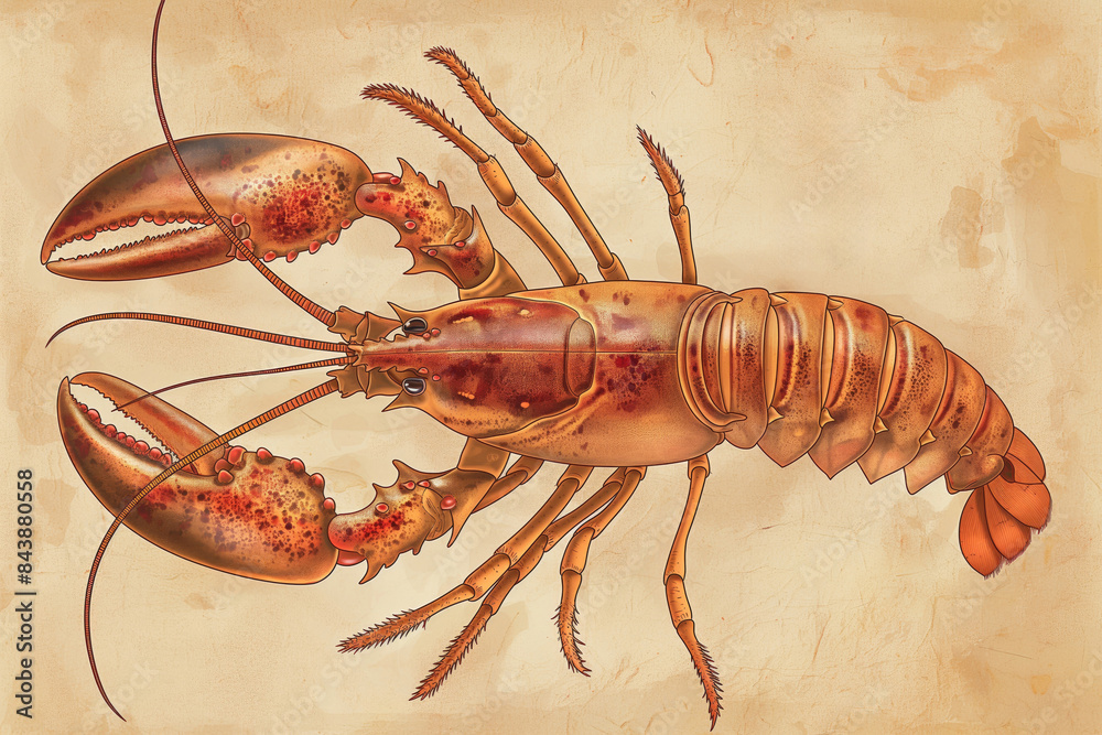 Vintage illustration of a lobster with detailed features on a parchment ...