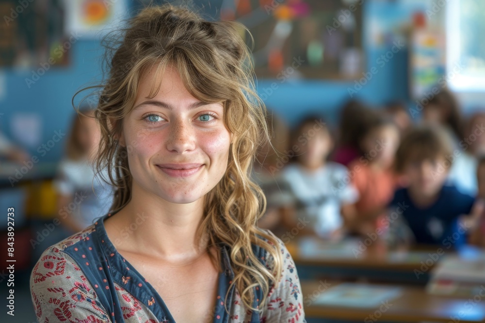 young smiling European school female teacher with blurred modern ...