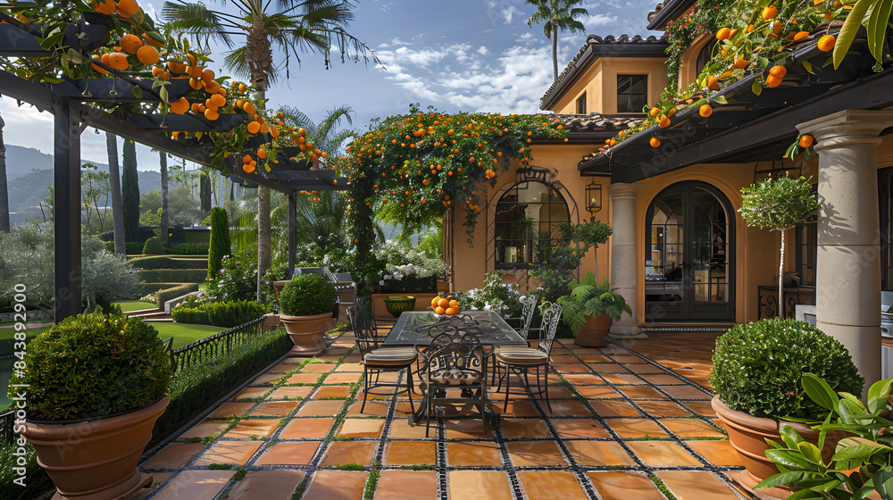 Mediterranean Wraparound Terrace with terracotta tiles, wrought iron ...
