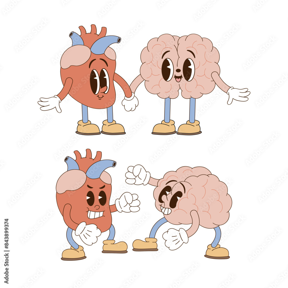 Retro groovy funny cartoon heart and brain friendship and struggle ...