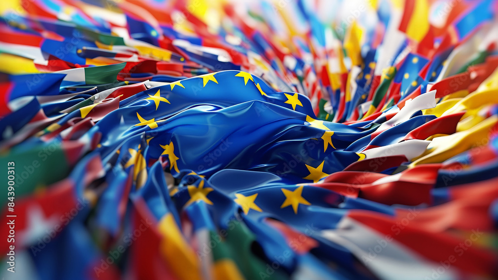 swirl of flaggs, flags of european countries forming the european flag ...