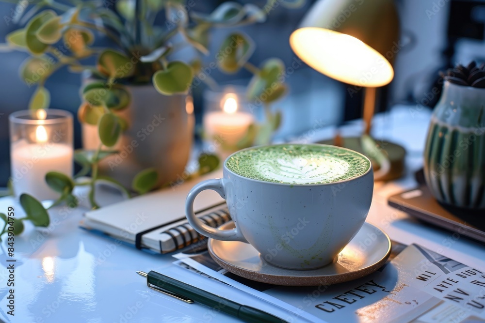 The matcha latte on a sleek, modern office desk with a laptop, notebook ...