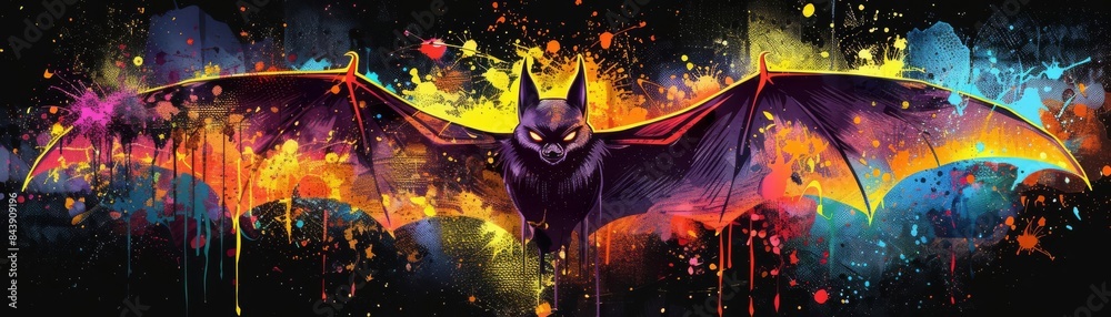 neon bat black background pop art Illustration of a bat in neon colors ...