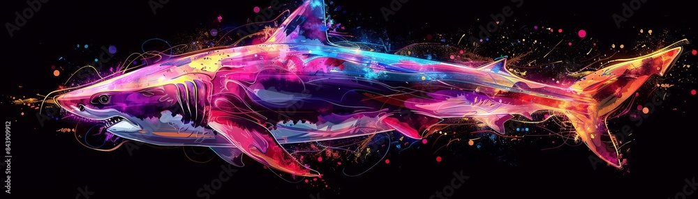 neon shark black background pop art Illustration of a shark in neon ...