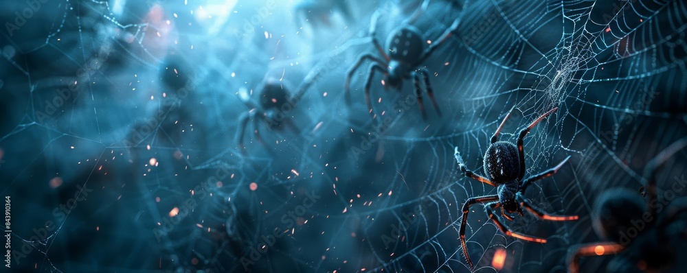 Spooky Spider Webs Focus on spider webs with spiders, with a dark ...
