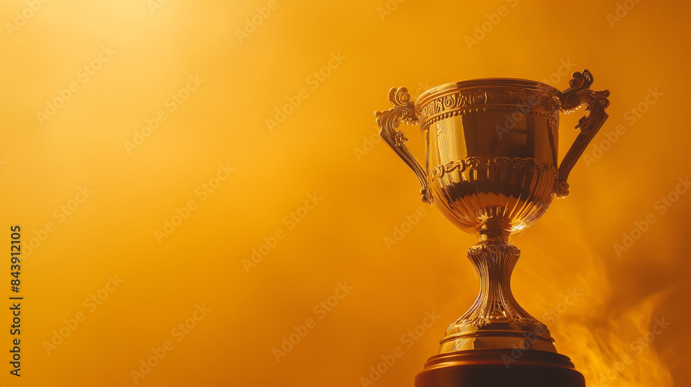 Gold trophy on orange background with soft lighting and strong light ...