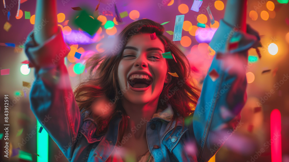 Excited Woman Celebrating with Winning Lottery Ticket Under Falling ...