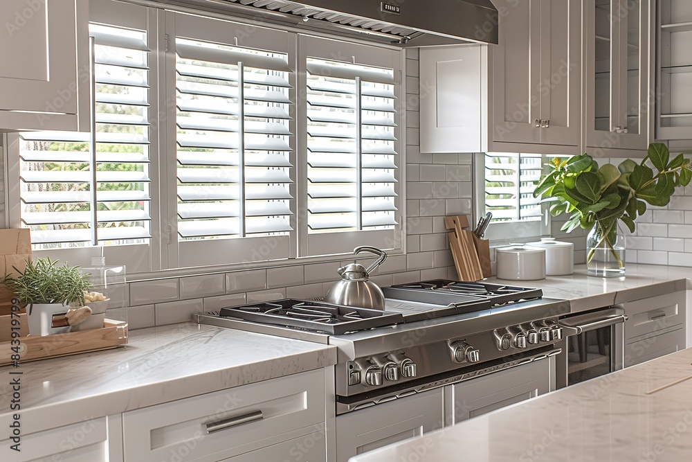 White grey minimal kitchen subway tile stainless steel appliance modern ...