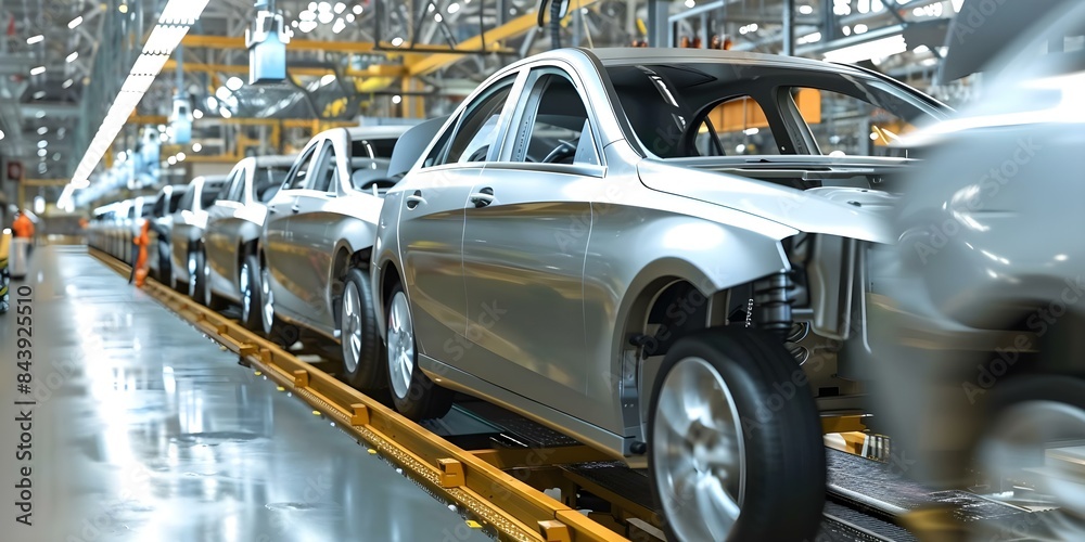 Busy factory assembly line producing modern cars using mass production ...