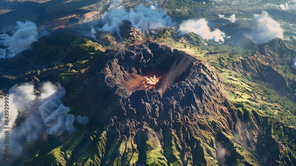 Bird's eye view of the center of a volcano in a mountainous forest area ...
