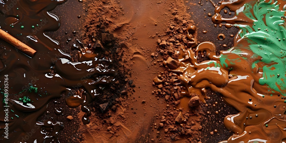 Abstract background with cacao powder coffee cinnamon and green ...