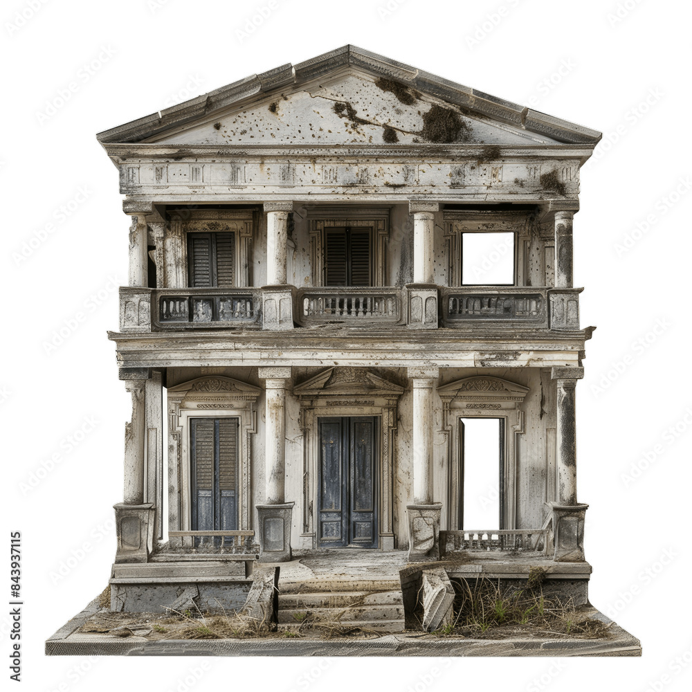 Detailed cutout of a decrepit two story house with weathered walls ...