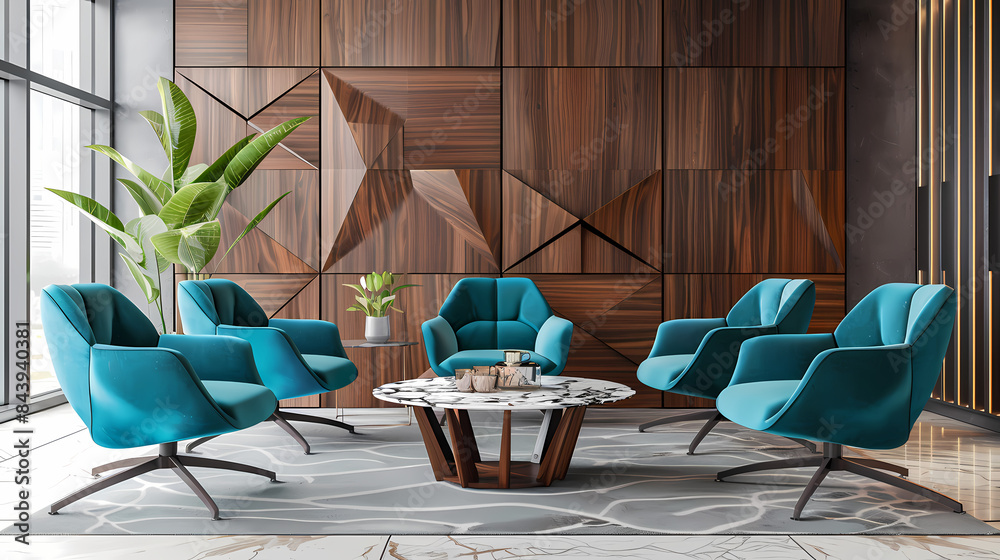 Modern interior design of an office lounge with turquoise chairs ...