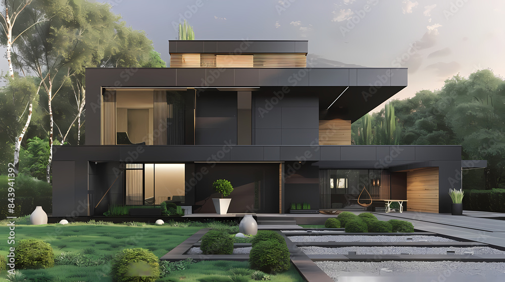 Modern, luxurious, minimalist cubic home; villa featuring black panel ...