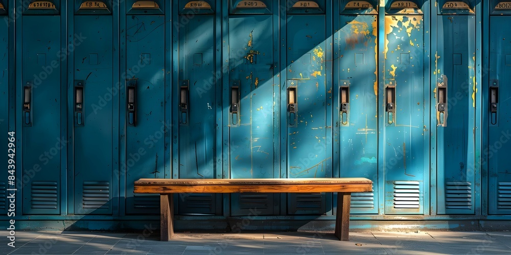 Blue metal lockers with wooden bench some doors open some closed ...