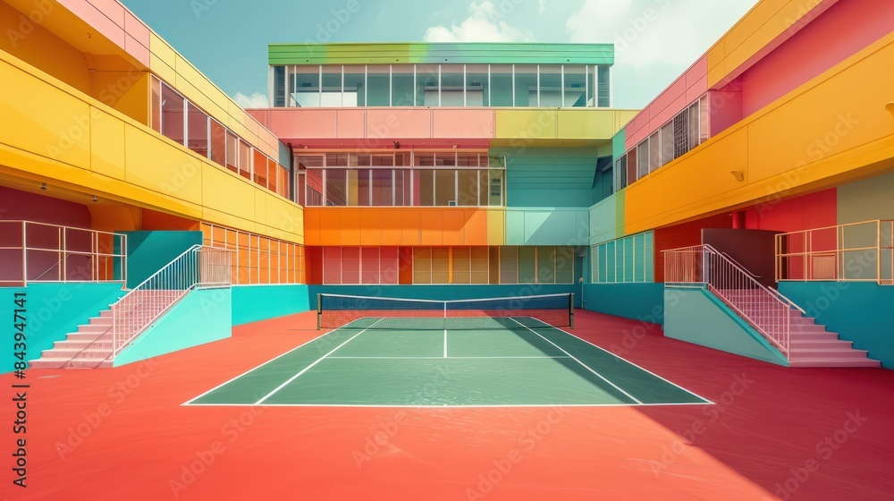 Pastel-colored indoor tennis court with aesthetic design. Stock Photo ...