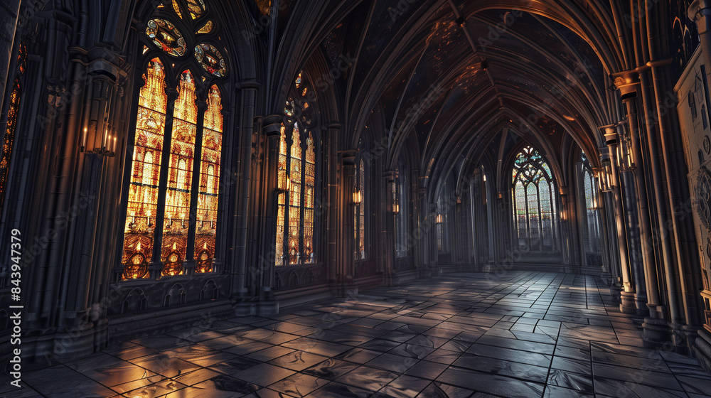 A detailed interior view of a gothic cathedral with high vaulted ceilings, stained glass windows ...
