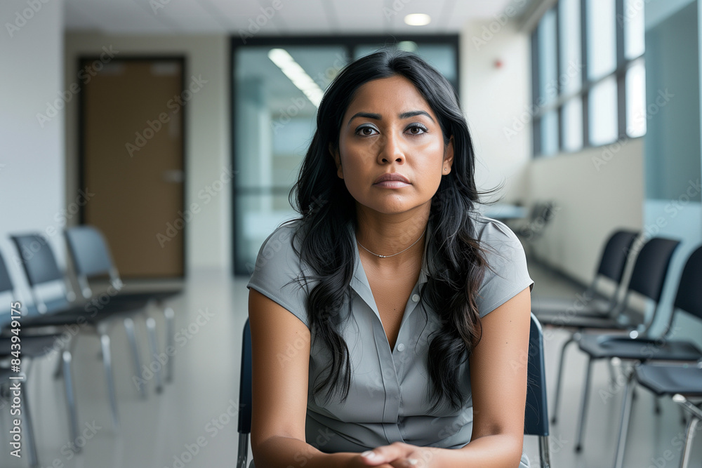photograph of a Hispanic woman waiting in a hospital waiting room for ...