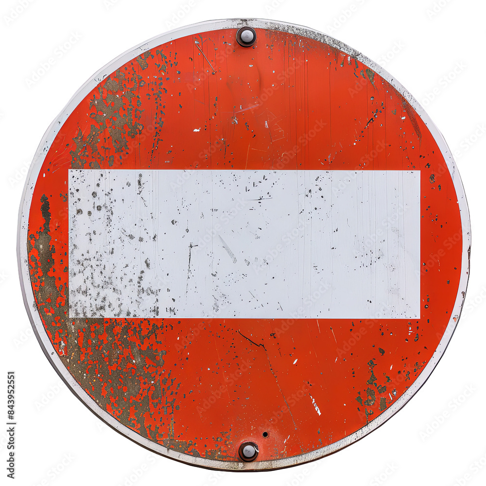 Close-up of a weathered no entry sign with rust and paint decay ...