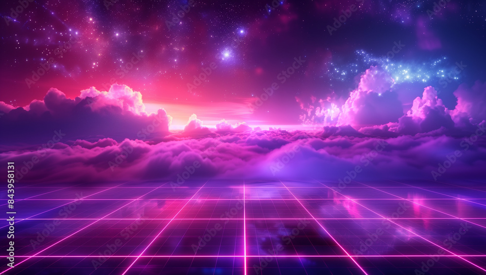 Synthwave landscape with neon grid, clouds, and sunset, 80's retrowave ...