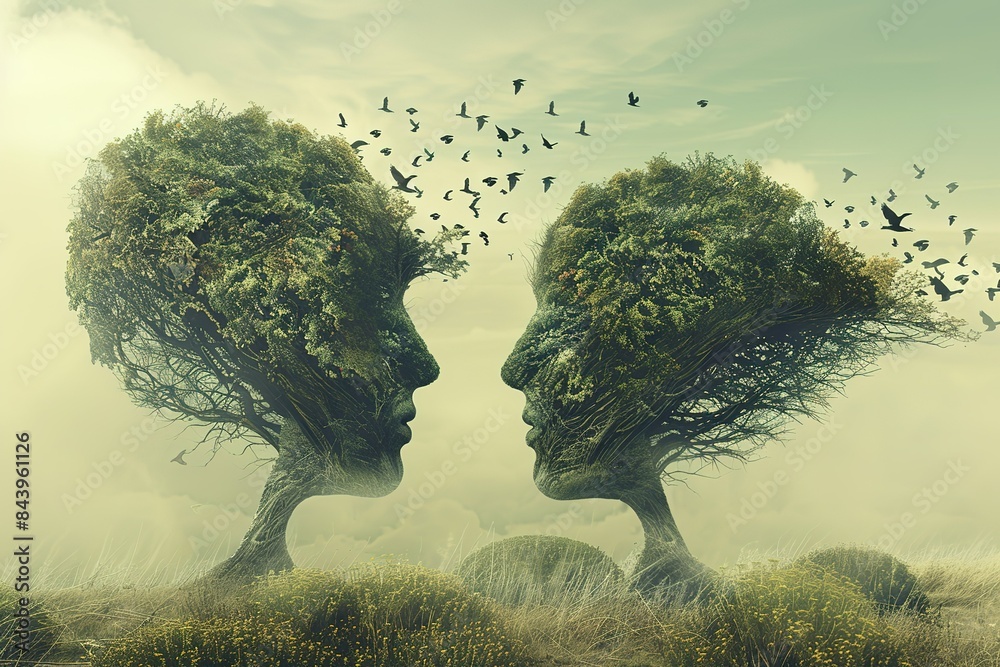 Concept of communication and communicating a message as two head shaped ...