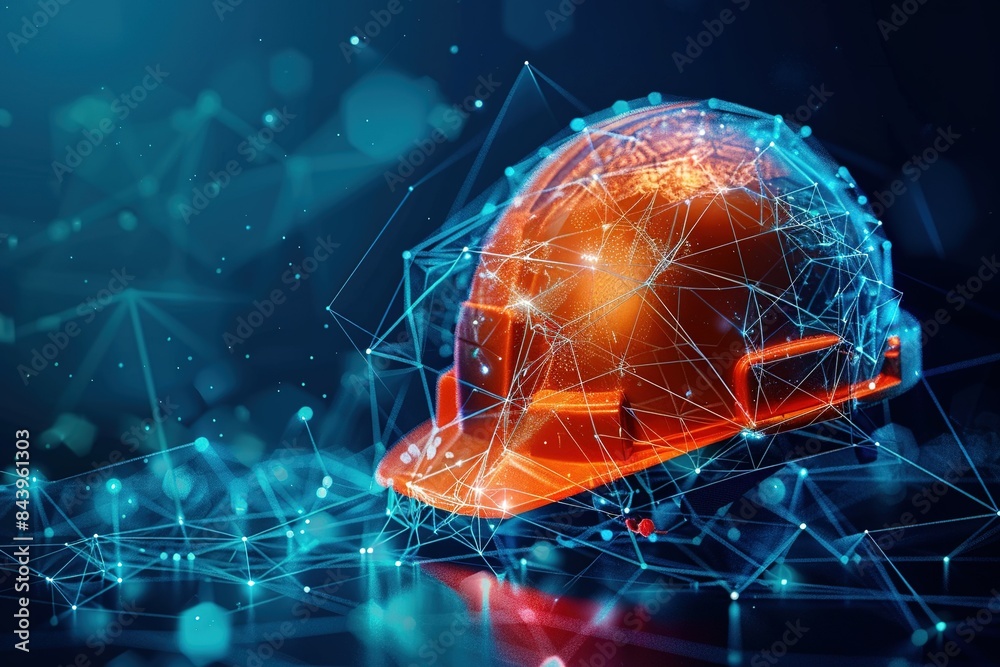 Concept of work safety with safety construction helmet in futuristic ...