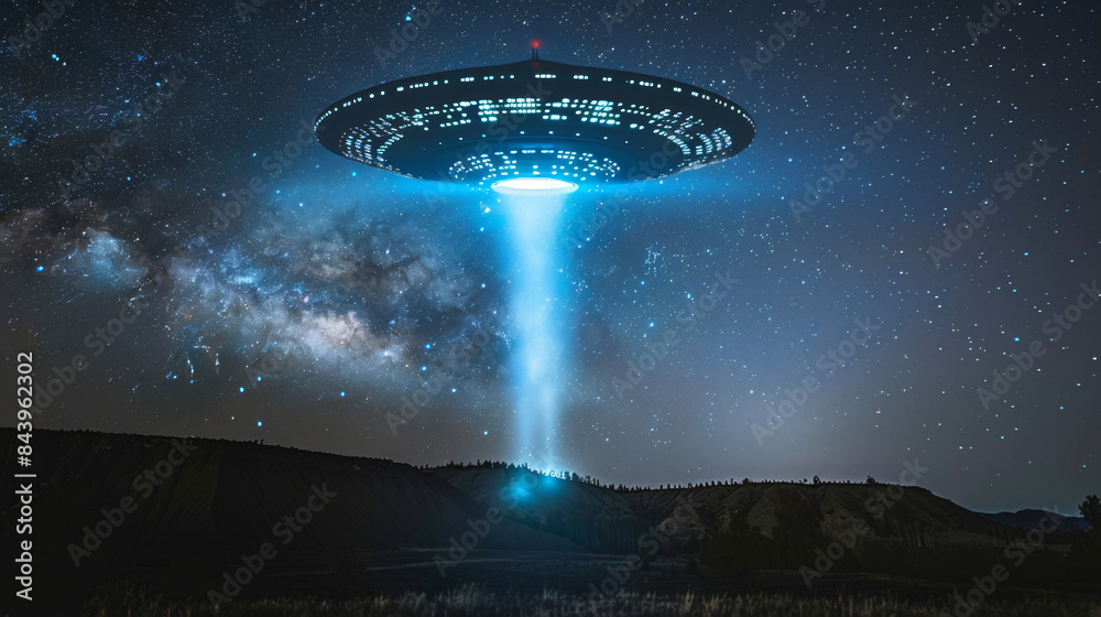 Realistic illustration of a ufo with a bright beam against a starry ...