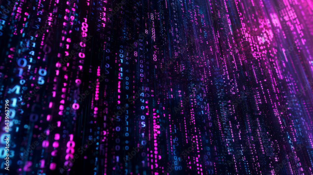 abstract digital representation of binary code in purple hues, cascading down like rain. The ...