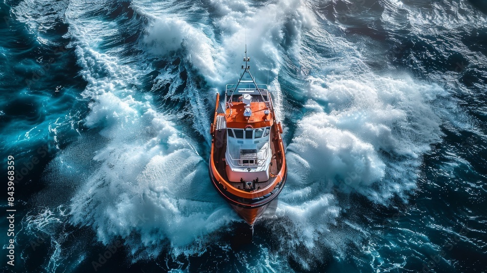 A powerful search and rescue boat cutting through ocean waves with ...