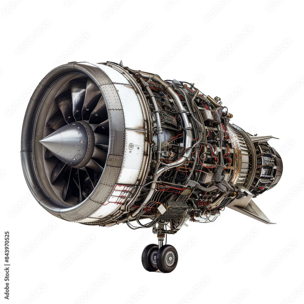 Detailed image of a modern turbofan jet engine with components visible ...
